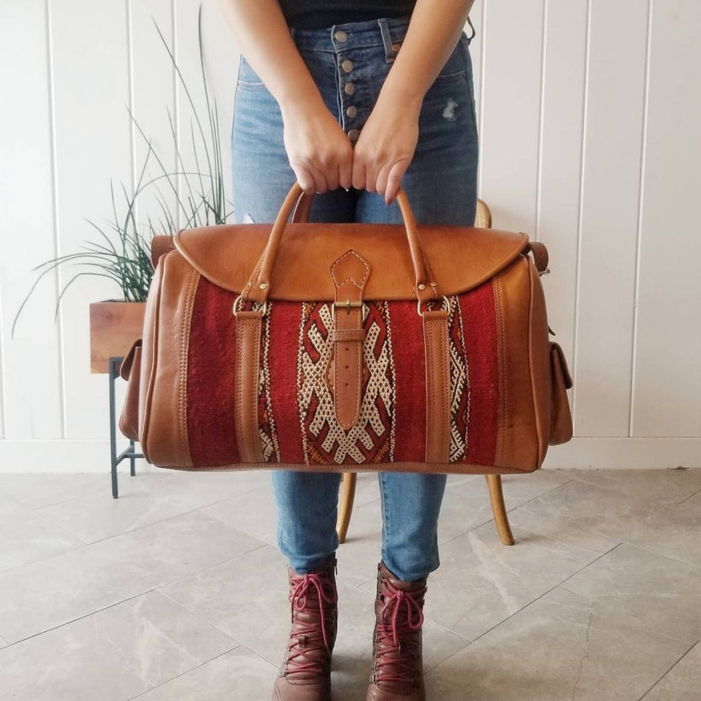 Unique Travel Bag | Handmade Duffel leather kilim bag