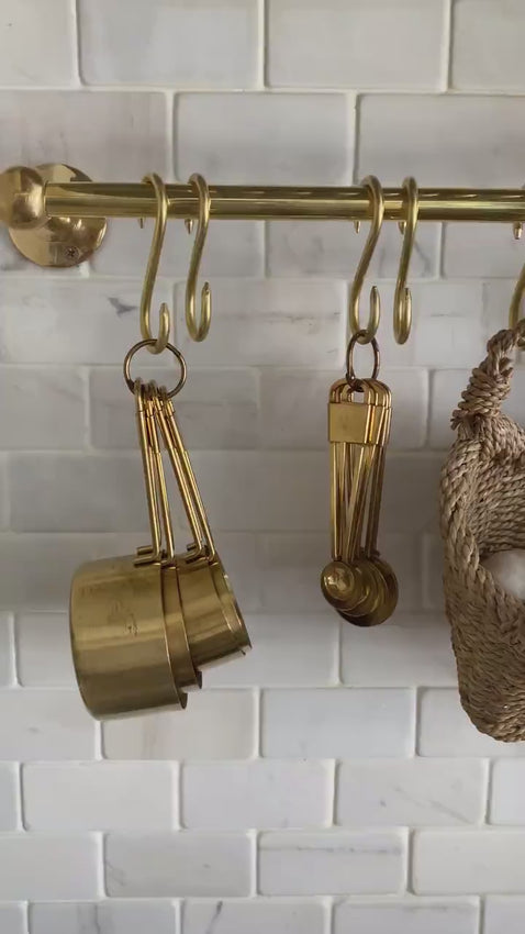 Unlacquered Brass Pot Rack Wall Mount with "S" Hooks - Handmade Rustic