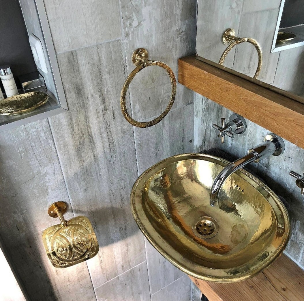 Handmade Brass Oval Moroccan Sink | Hammered Gold Color | Moroccan Bat