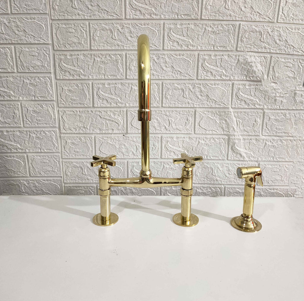 Unlacquered Brass Kitchen Faucet | Linear Legs, Cross Handles, Vintage
