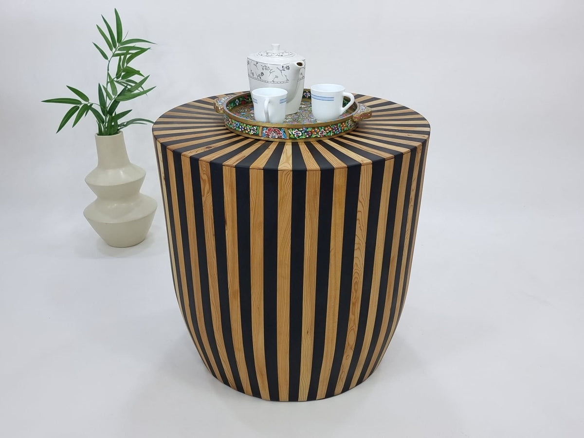 Handmade Round Table Modern Wood Side Table | Walnut-Wood Stripped Cof