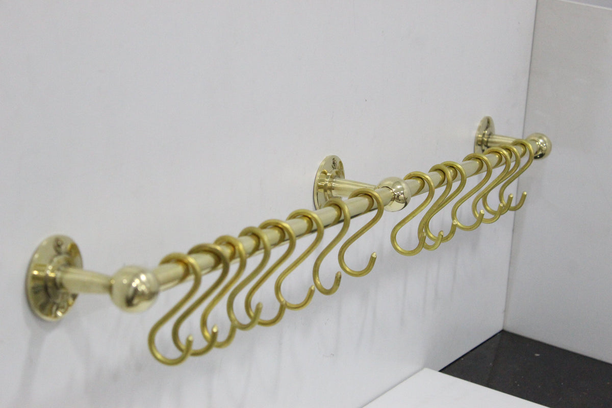Antique Style Unlacquered Brass Pot Rack | Rustic Wall Mounted Kitchen